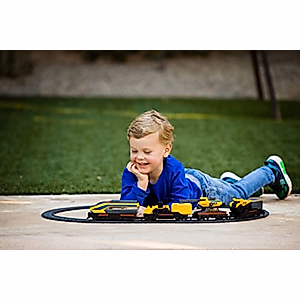 CAT Construction Toys, Little Machines Power Tracks Battery Operated Train Set, Engine with working headlight, 3 Rail Cars, Working Crane, 2 Magnetic Cargo Containers, and 2 CAT Trucks for Kids