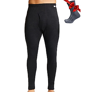 Merino Wool Base Layer Mens Bottom Pants 100% Merino Wool Thermal Underwear Long Johns Midweight + Wool Socks (X-Large, Charcoal Grey 250)