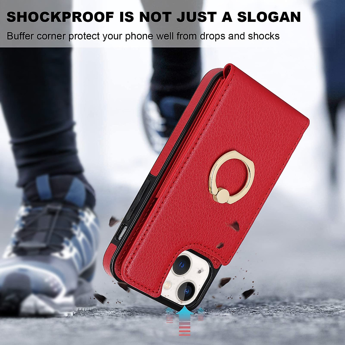 Folosu Compatible with iPhone 13 Mini Case Wallet with Card Holder, 360°Rotation Finger Ring Holder Kickstand Protective RFID Blocking PU Leather Double Buttons Flip Shockproof Cover 5.4 Inch Red