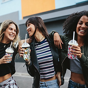 Reusable Iced Coffee Sleeve for Cold Drink Cups, Neoprene Insulator Cup Cover Holder Compatible with Starbucks Dunkin McDonalds Coffee - 3mm Thick (Large Size 30-32oz, Flowers Style