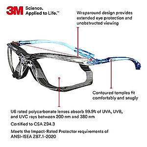 3M Safety Glasses, Virtua CCS, ANSI Z87, Anti-Fog, Clear Lens, Blue Frame, Corded Ear Plug Control System, Removable Foam Gasket