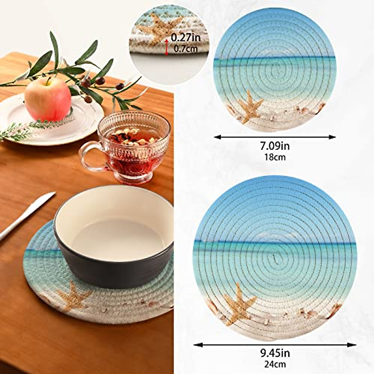 Summer Starfish Sandy Hot Mats Pads for Kitchen Heat Resistant, Seaside Coast Decorative Trivets for Hot Pots Pans Counter Tops Dining Washable Pot Holder Coasters Set