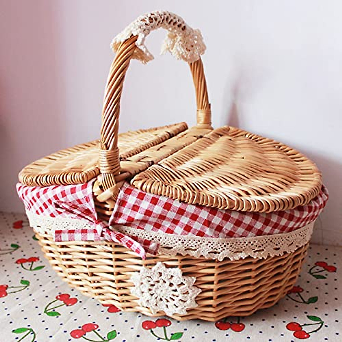 Gazechimp Handwoven Wicker Picnic Basket with Lid and Handle Rattan Storage Serving Basket Wicker Storage Hamper for Outdoor Beach Camping Hiking