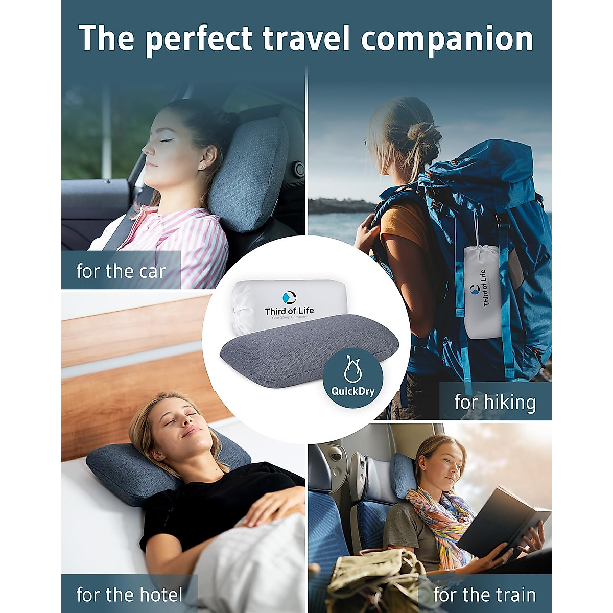 Travel Pillow VOLAR QuickDry | Memory Foam Neck Pillow | Quick Drying & Thermoregulating | Includes travel bag | Ergonomic Pillow For Sleeping on Airplane, Hotel, Camping, Couch - Designed in Germany