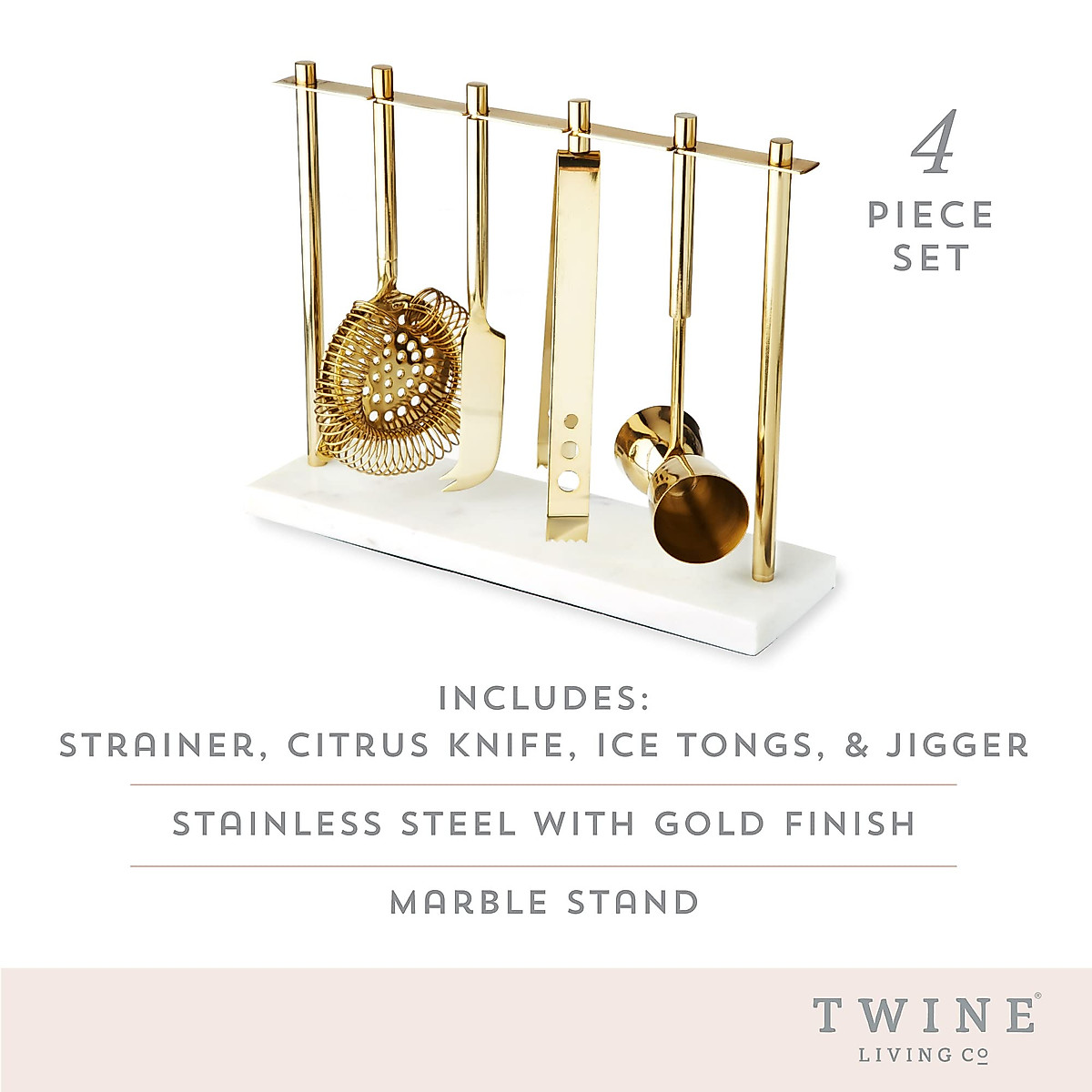 Twine Gold Barware Set, Hawthorne Strainer, Citrus Knife, Ice Tongs, Double Jigger, Marble Stand, Stainless Steel with Gold Finish, Set of 4