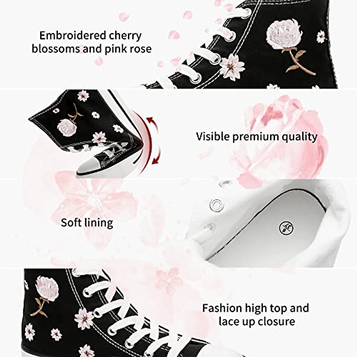 kufeiti Women’s Embroidered High Top Canvas Sneaker Black Lace-up Comfortable Casual Fashion Sneaker(Embroidery Black, US10)