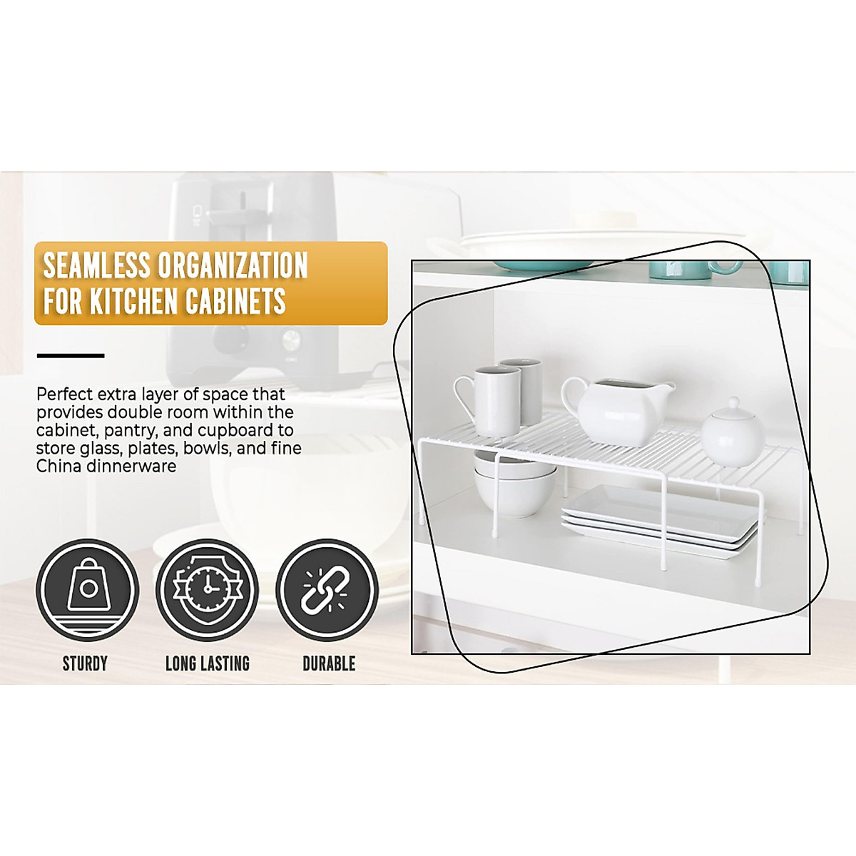 YBM Home White Wire Cabinet Helper Shelf Organizer and Storage Rack Helper for Kitchen, Expandable Kitchen Counter and Cabinet Shelf (1, 16"L x 9.75"W x 5.5"H)