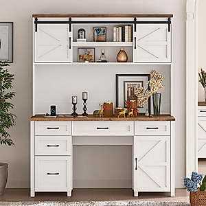 Farmhouse 67" H Executive Desk with Hutch,Office Desk with 5 Drawers, Computer Desk with Storage Cabinet & File Drawers and Charging Station, Wood Workstation for Home Office and Study