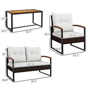 Outsunny 4 Piece Patio Furniture Set with 2 Chairs, Loveseat Sofa, Wood Table, Rattan Motifs, Tufted Cushions, Outdoor Conversation Set for Backyard, Lawn and Pool, White