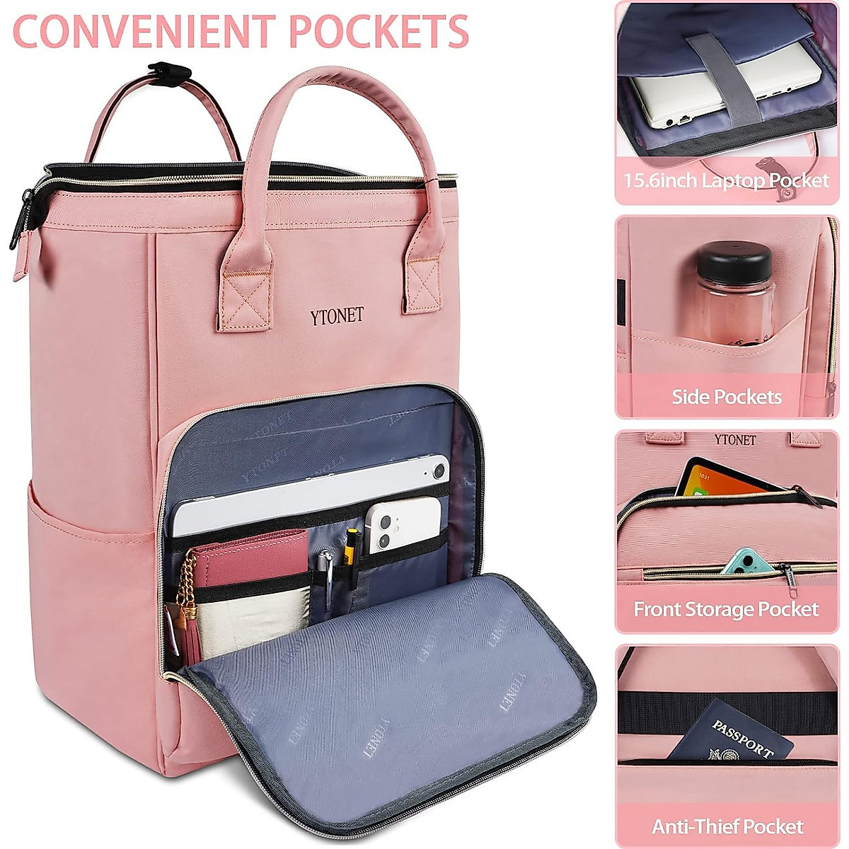 Ytonet Pink Laptop Backpack for Women, 15.6 Inch Anti theft Backpack with USB Charging Port, Water Resistant Travel Carry On Backpack with Laptop Compartment for Work/Nurse/Teacher, Pink