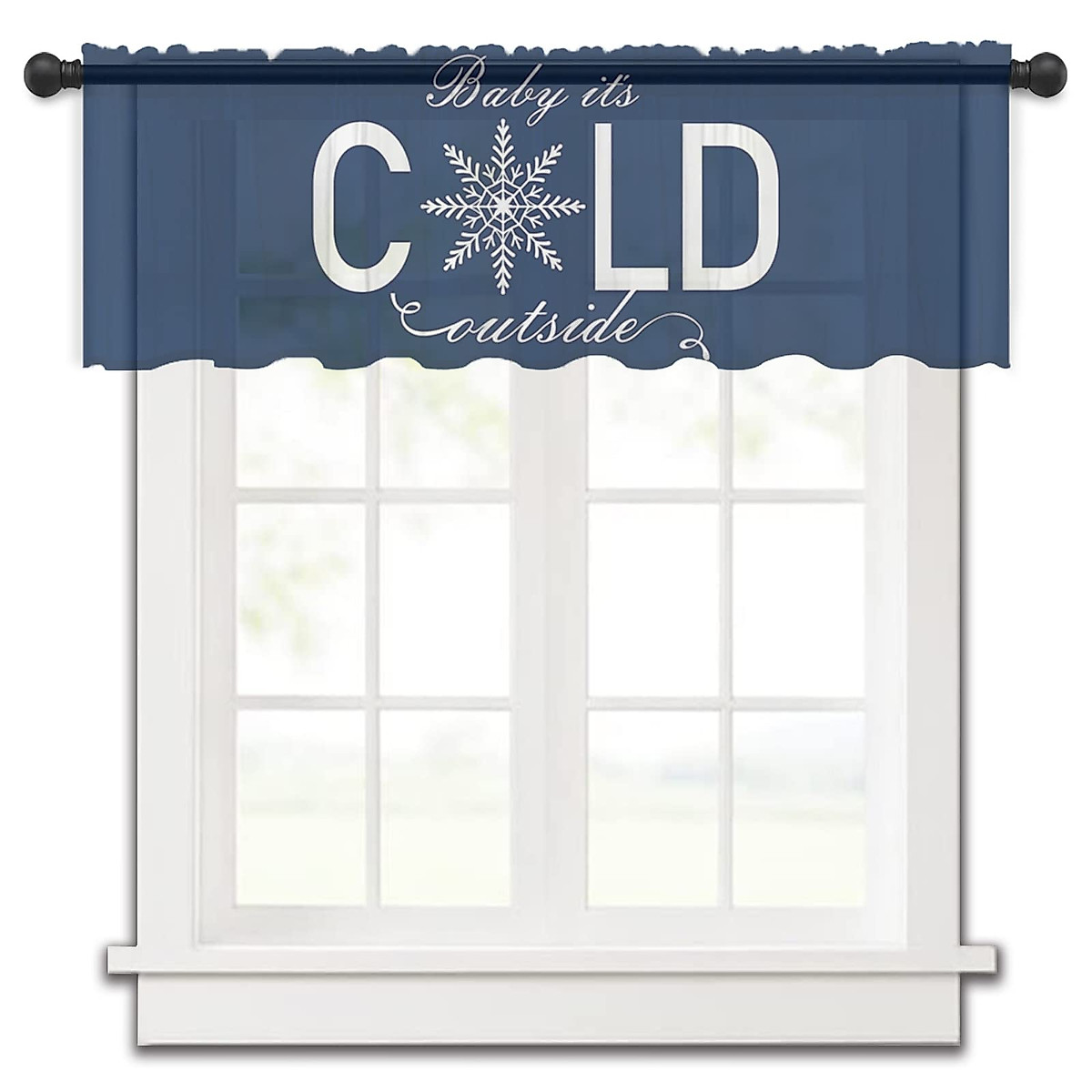 AmbeHome Sheer Valances for Windows Kitchen Curtains Valances, Christmas Window Valances Rod Pocket Curtain Valances for Living Room Bedroom Kitchen Cafe, 54x18in Cold Winter Snowflakes Blue Backdrop