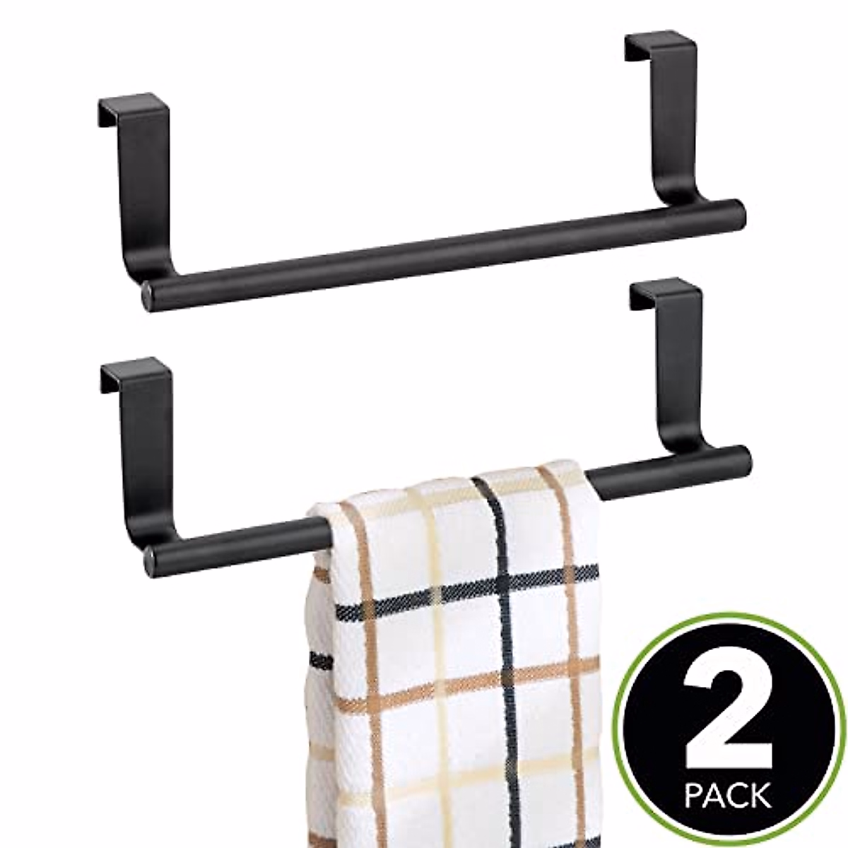 mDesign Over Kitchen Cabinet Door Towel Bar Holder for Hand, Dish, and Tea Towel Rack - Over the Door Towel Bar- Hang Inside or Outside Doors - Kitchen Organizer - Omni Collection, 2 Pack, Matte Black