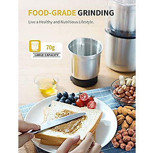 SHARDOR Coffee Grinder Electric, Herb Grinder, Spice Grinder Electric, Wet Grinder for Spices and Seeds with 2 Removable Stainless Steel Bowls, Silver