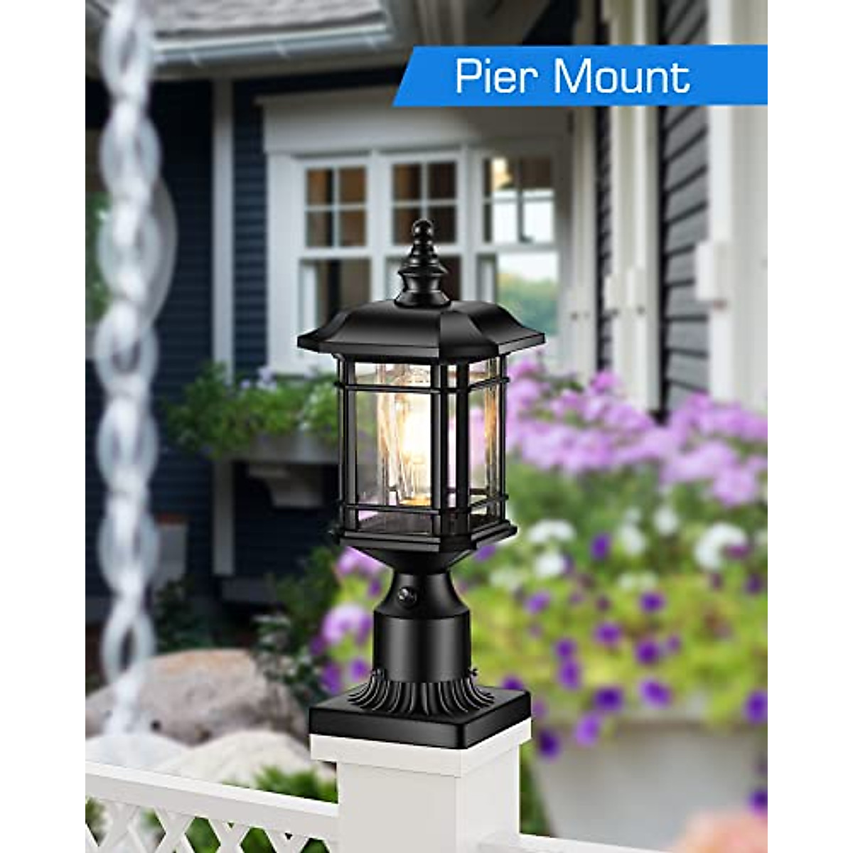VIANIS Dusk to Dawn Post Lights Outdoor, Black Post Lantern with Pier Mount Base, Exterior Lamp Post Light Fixture, Waterproof Aluminum Body with Tempered Seeded Glass for Patio, Garden, Driveway