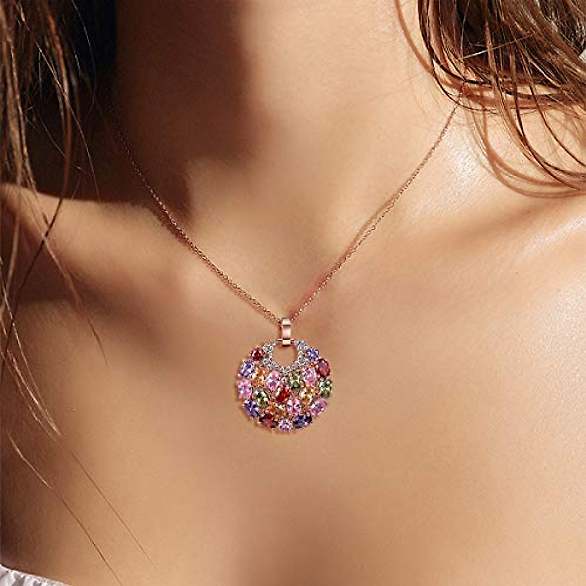 Merdia Crystal Colorized Cubic Zirconia Laminated Flower Pendant Necklace with 15.75+1.57 in Extender Chain for Women | Necklace extender | Crystal Necklace | Flower Necklace | Rose Gold Multi Color Necklace