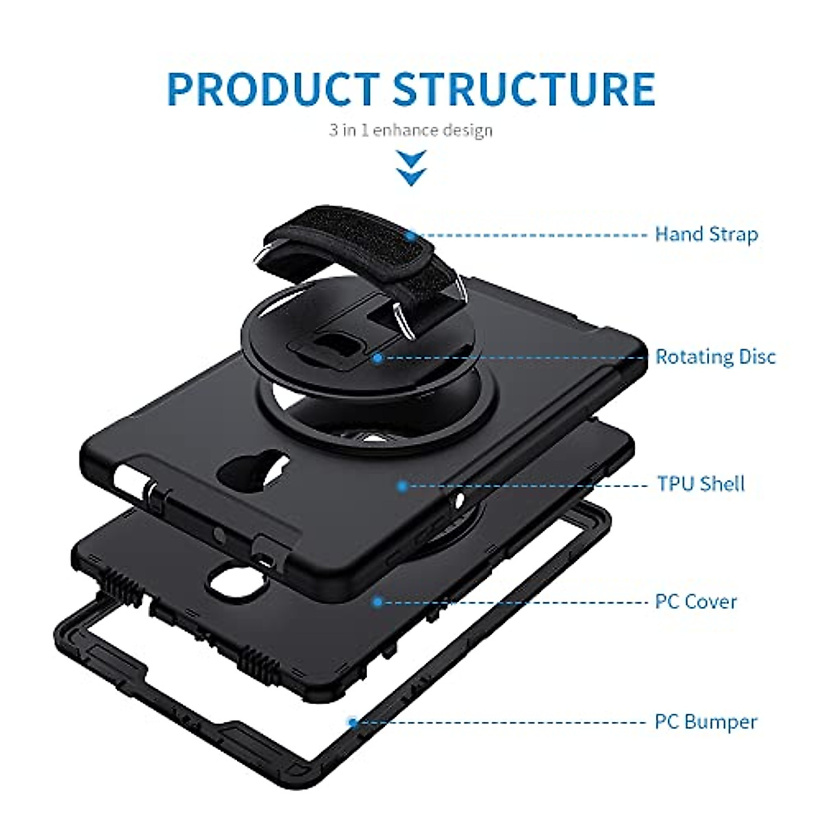 Bkinew Tablet Case for Samsung Galaxy Tab A 10.5-inch 2018 SM-T590/SM-T595/SM-T597 with Screen Protector 360 Rotating Kickstand and Hand/Shoulder Strap Rugged Protective Cover, Black