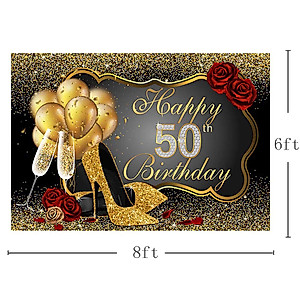 MEHOFOTO Photo Background Shining Sequin Black Gold High Heels Champagne Woman Red Rose Balloons 50th Happy Birthday Party Banner Backdrops for Photography 8x6ft