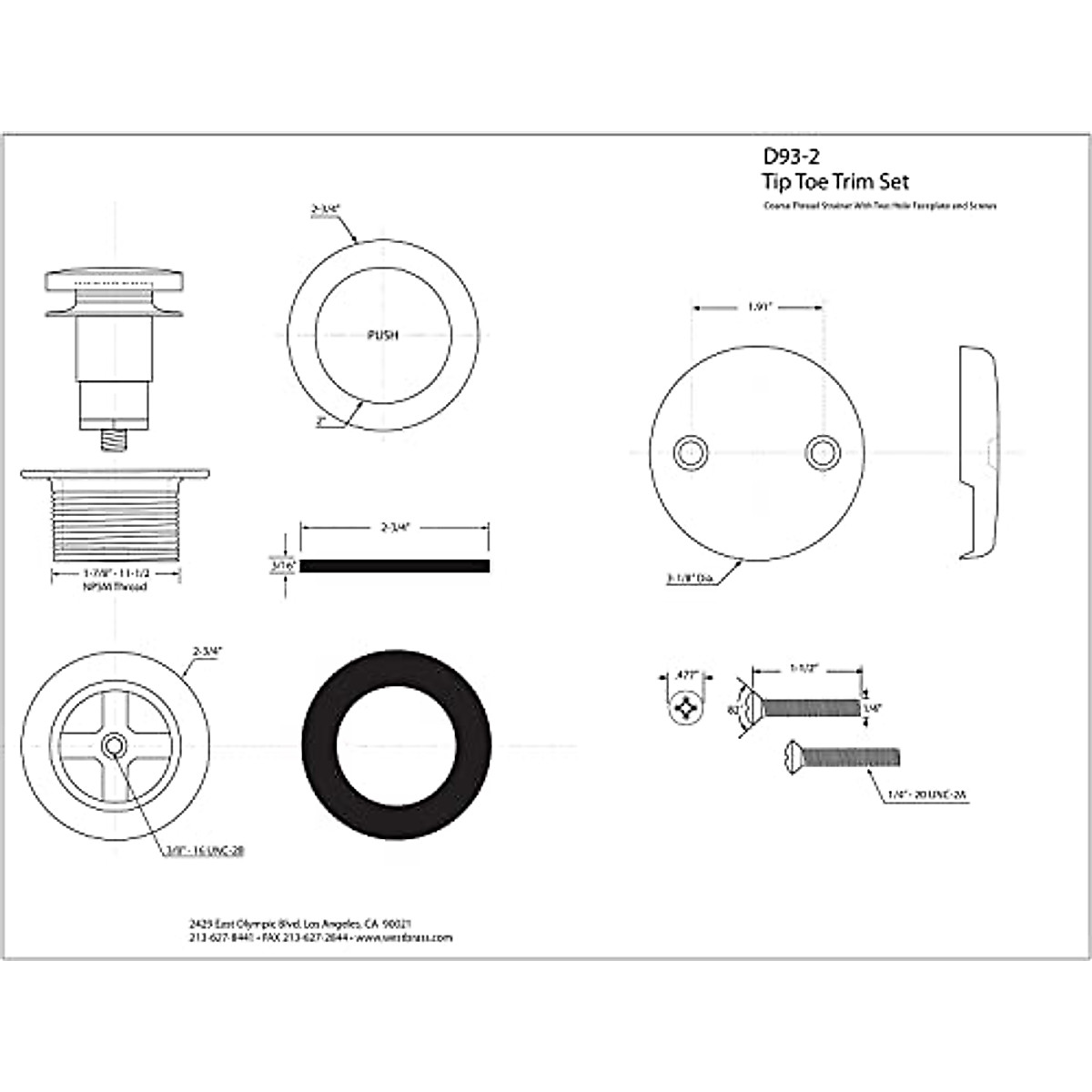 Westbrass R93-2-62 1-1/2" Coarse Thread Tip-Toe Bathtub Drain Trim Set with 2-Hole Overflow Faceplate, Matte Black