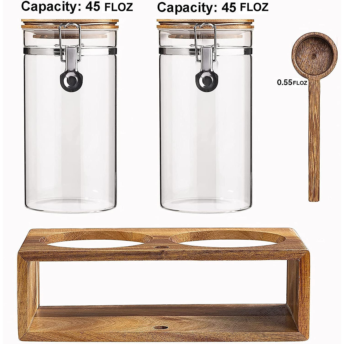 Yangbaga Glass Sugar Coffee Containers with Shelf, 2 x 45OZ Coffee Bean Canister Storage Station Organizer with Airtight Locking Clamp and Log Coffee Scoop, Large Capacity Food Storage Jar for Kitchen