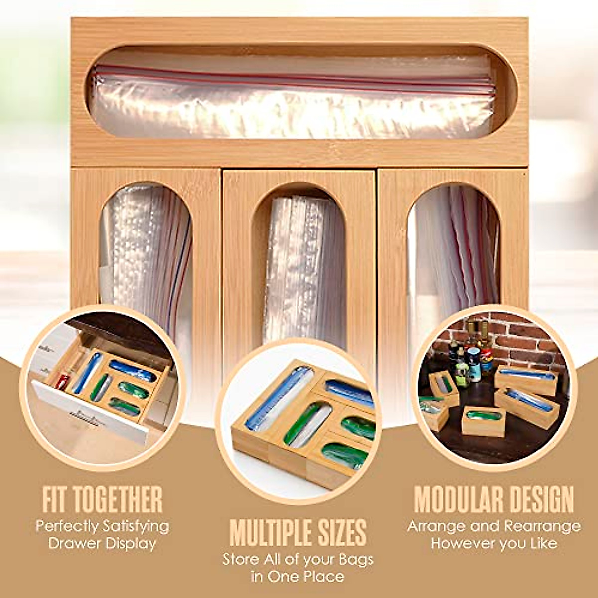 Ziplock Bag Organizer, Drawer Storage, Plastic Sandwich Baggie Holder, 5 Piece, Bamboo, Food Bags Dispenser, Zip Lock Baggy Organization Box for Gallon, Quart, Sandwiches, Freezer, Kitchen, Pantry