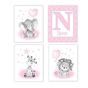 Pink Baby Girl Nursery Art Elephant Giraffe Lion Safari Animals Wall Decor 4 UNFRAMED PRINTS