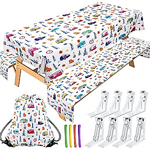 Camping Tablecloth with Picnic Bench Covers, Picnic Table Cover Fits 4ft to 7ft Picnic Tables, Washable Reusable Polyester Table Cloth for Camping Table Included Storage Bag and Clip (Cute Style)