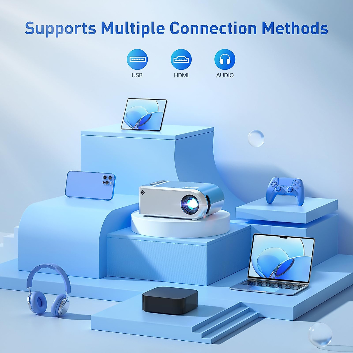 Mini Projector for iPhone, DZA Outdoor Movie Projector Supports 1080P with Synchronize Smartphone Screen, Portable Projector for Home Theater Compatible with iOS/Android/PC/TV Stick, and HDMI/USB