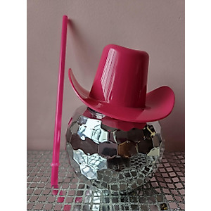 thepinkcow Hot Pink Cowboy Hat Disco Ball Cups, Glitter Shiny Cocktail Tumbler, Space Cowboy Cowgirl Birthday Bachelorette Western Themed Party Decorations Supplies, Rodeo Party Cups, Set of 8
