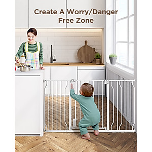 Ciays 29.5” to 57.1” Baby Gate for Stairs Doorways and House, 30” Height Extra Wide Auto-Close Safety Dog Gate for Pets with Secure Alarm, Pressure Mounted, White