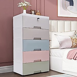 Plastic Drawers Dresser, 5 Drawers Storage Cabinet, Closet Drawers Tall Dresser Organizer for Clothes, Playroom, Bedroom Furniture, Stackable Vertical Clothes Storage Tower, Chest Closet with Lock