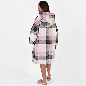 Dreamscene Sherpa Fleece Check Hoodie Blanket Sweatshirt Tartan Winter Wearable Soft Warm Cosy Plush Oversized Thermal Throw Blanket, One Size - Blush Pink