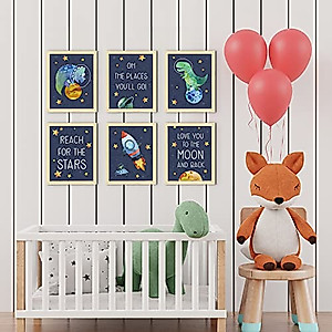 ArtbyHannah 6 Pack 8x10 Inch Framed Nursery Wall Art Decor with Wood Frame and Moon Animals & Letter Prints for Playroom, Kids Children Room Bedroom Decoration