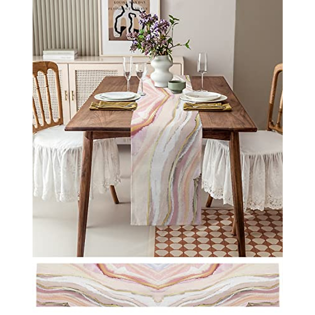 Lsrtoss Pink Yellow Ombre Table Runner 48 Inches Long Farmhouse Dress Scarves, Modern Marble Abstract Art Geometric Dining Tablerunner for Coffee Table/Kitchen Island/Party Décor, 13" x 48"