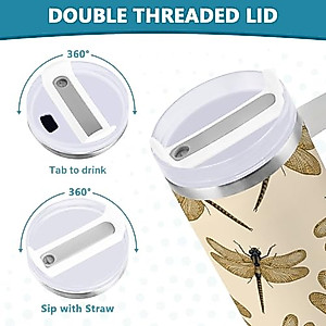 DIGTIA Stainless Steel Insulated Tumbler w/Handle & Straw, Dragonfly Double Wall Vacuum Travel Coffee Mug Cup w/Lid, Leak-Proof Sports Beige Water Bottle,40oz