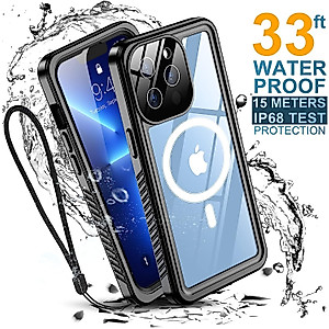 Temdan for iPhone 13 Pro Max Case Waterproof,Built-in 9H Tempered Glass Screen Protector [Real 360][IP68 Underwater][Military-Grade Protection][Dustproof][Compatible with MagSafe] - Clear/Black