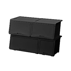 ASTAGE flip top storage bin lockable box plastic storage box with retractable lid modular stackable box storage organization - Large 2 Pack Black