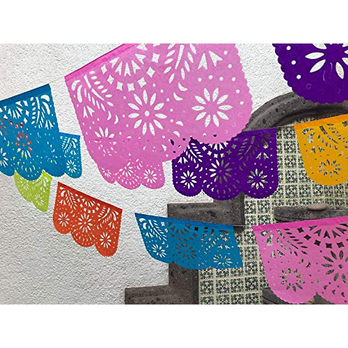 Mexican Papel Picado Banner (5 Count) Mexican Fiesta Decorations 50 Paper Tissue Paper Panels of Vivid Color Flowers 65.5 Feet Total Length