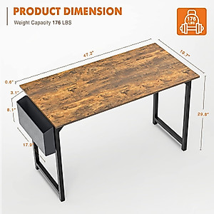 Sweetcrispy Computer Desk - Office 48 Inch Writing Work Student Study Modern Simple Style Wooden Table with Storage Bag & Iron Hook for Home Bedroom - Rustic Brown