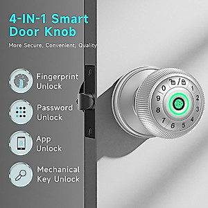 Fingerprint Door Lock,Smart Door Knob,biometric lock, keypad entry,keyless handle.Ideal for bedroom,home,hotel,office,apartment.Enhances security & convenience. (Silvery)
