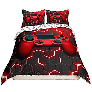 Erosebridal Full Size Boys Gamepad Comforter Cover,Modern Fashion Red Gaming Controller Printed Duvet Cover,Gamer Video Games Decorative 3 Piece Bedding Set with 2 Pillow Cases,Black
