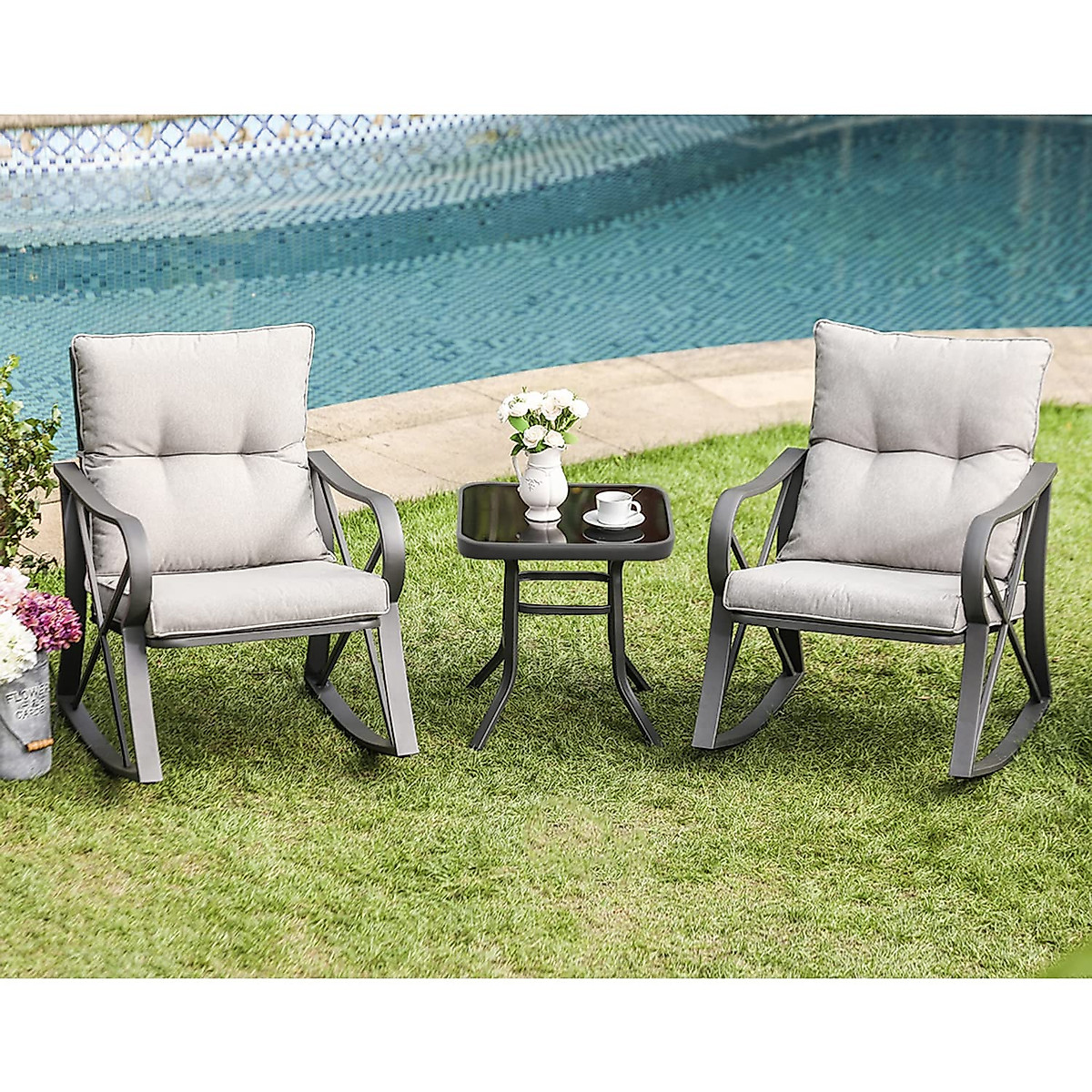 COSIEST 3 Piece Bistro Set Patio Rocking Chairs Outdoor Furniture w Warm Gray Cushions, Glass-Top Table for Garden, Pool, Backyard