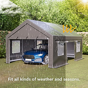 MACHOME Outdoor 13x20 FT Carport, Heavy Duty Canopy Storage Shed with Mesh Windows and Galvanized Steel Tube, All-Season Tarp, Wide Range of Appliaction for Car, Boat and Reunion, Gray