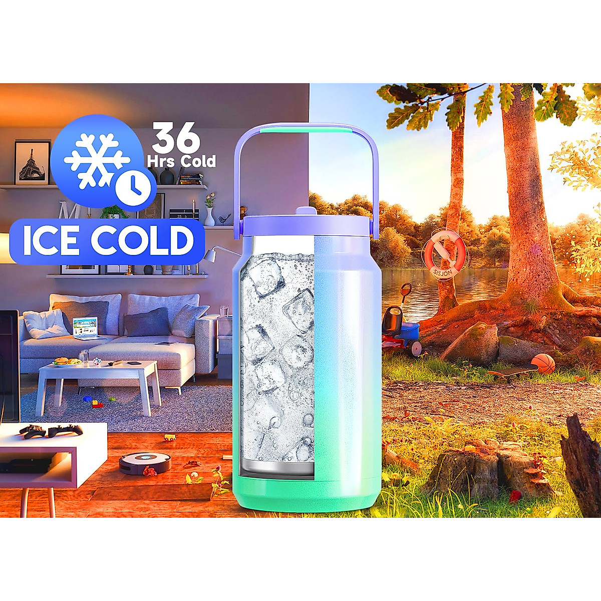 Meoky 50 oz Tumbler with Handle, Stainless Steel Vacuum Insulated Water Bottle, Keeps Cold for 36 Hours, 100% Leak Proof, BPA-free, Non-slip Base (Fairyland)