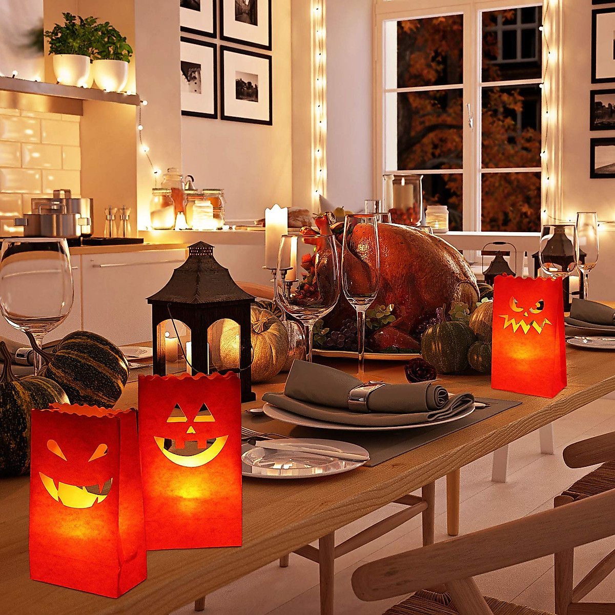 20 Pieces Halloween Luminary Candle Bags Flame Resistant Candle Bags in 5 Kinds of Pumpkin Grimace Patterns for Halloween Party Supplies