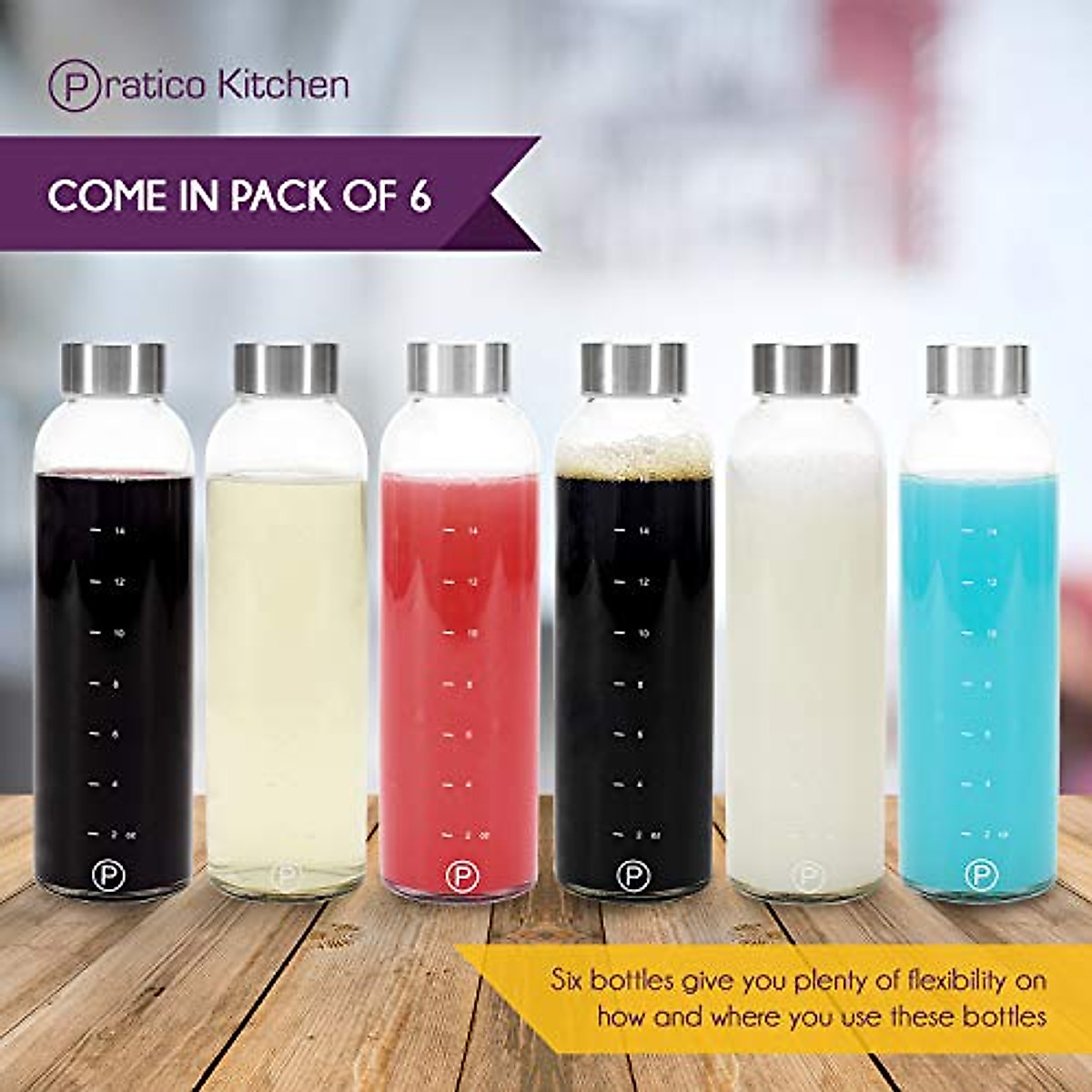 Pratico Kitchen 18 oz.Leak-Proof Clear Glass Bottles, Juicing Containers, Water / Beverage Bottles - 6-Pack