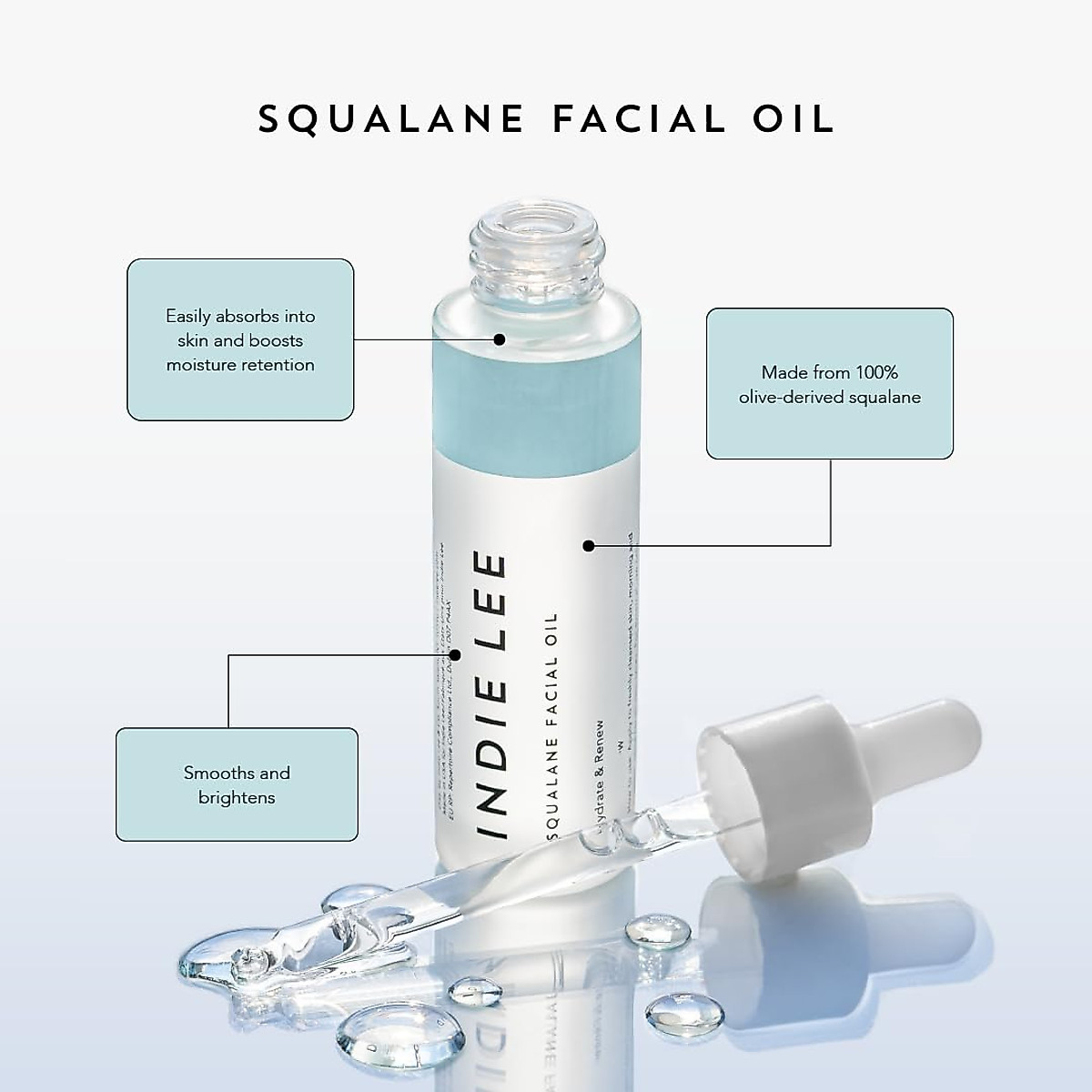 Indie Lee 100% Squalane Oil - Daily Face Oil & Hydrating Moisturizer for Dry Skin, Fine Lines and Wrinkles - Even Skin Tone, Brighten & Improve Texture - Facial Oil for All Skin Types (30ml)