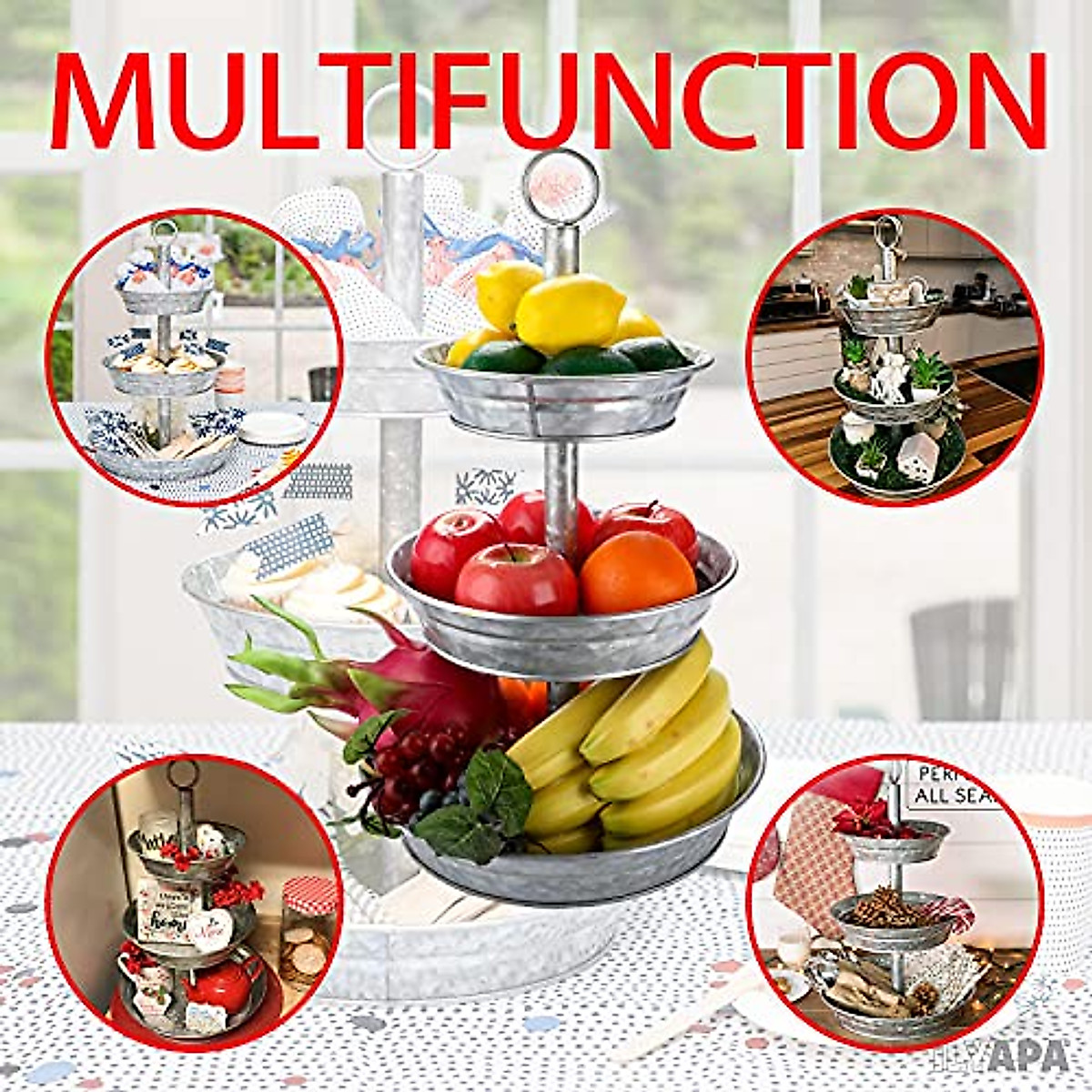 ELLDOO 3 Tier Serving Tray, Farmhouse Metal Tiered Galvanized Serving Tray Stand for Kitchen Dining Party and Wedding Decor, Rustic Home Organizer Tray for Storage Cupcake Dessert Fruit