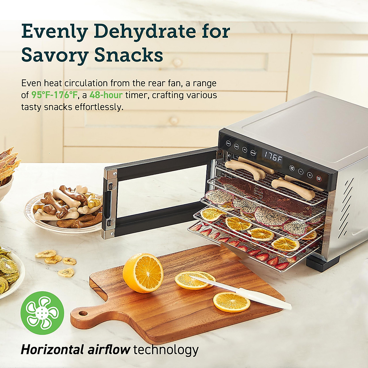 COSORI Food Dehydrator for Jerky, 176°F Temperature Control, 5 Stainless Steel Trays Dryer Machine, 4 Presets, 48H Timer, for Dog Treats, Meat, Fruit, Veggies, Snacks, Recipe Book Included