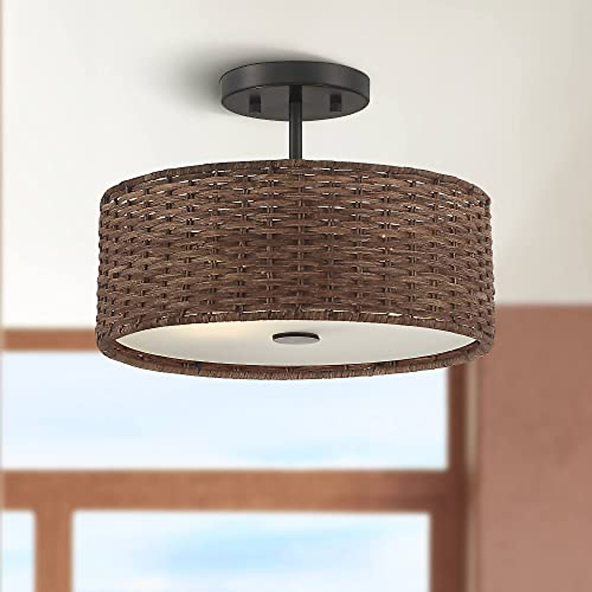 Possini Euro Design Hampton Modern Ceiling Light Semi Flush-Mount Fixture 13 1/4" Wide Soft Gold 2-Light Dark Weave Rattan Drum Shade for Bedroom Kitchen Living Room Hallway Bathroom House Home