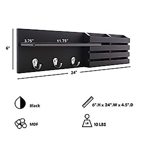 kieragrace KG Sydney Wall Shelf and Mail Holder with 3 Hooks - Black, 24"